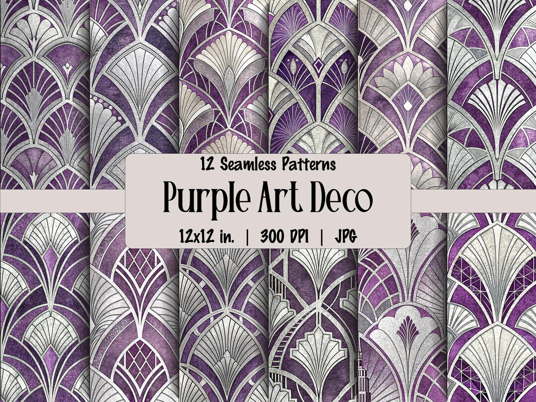 Art Deco Digital Paper Purple Silver Foil Gatsby Pattern Seamless ...