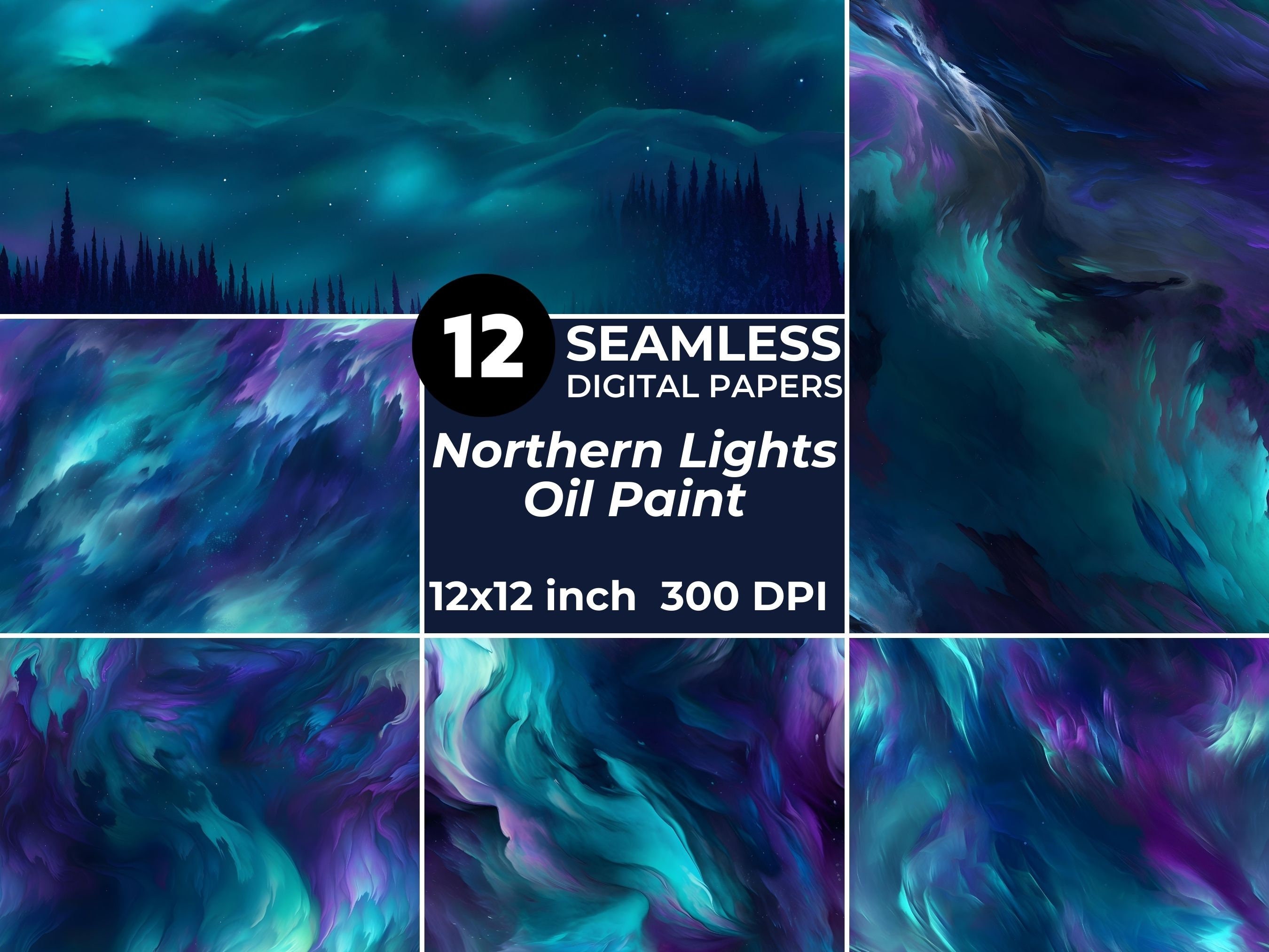 Northern Lights Oil Painting Style Seamless Patterns 12 Digital ...