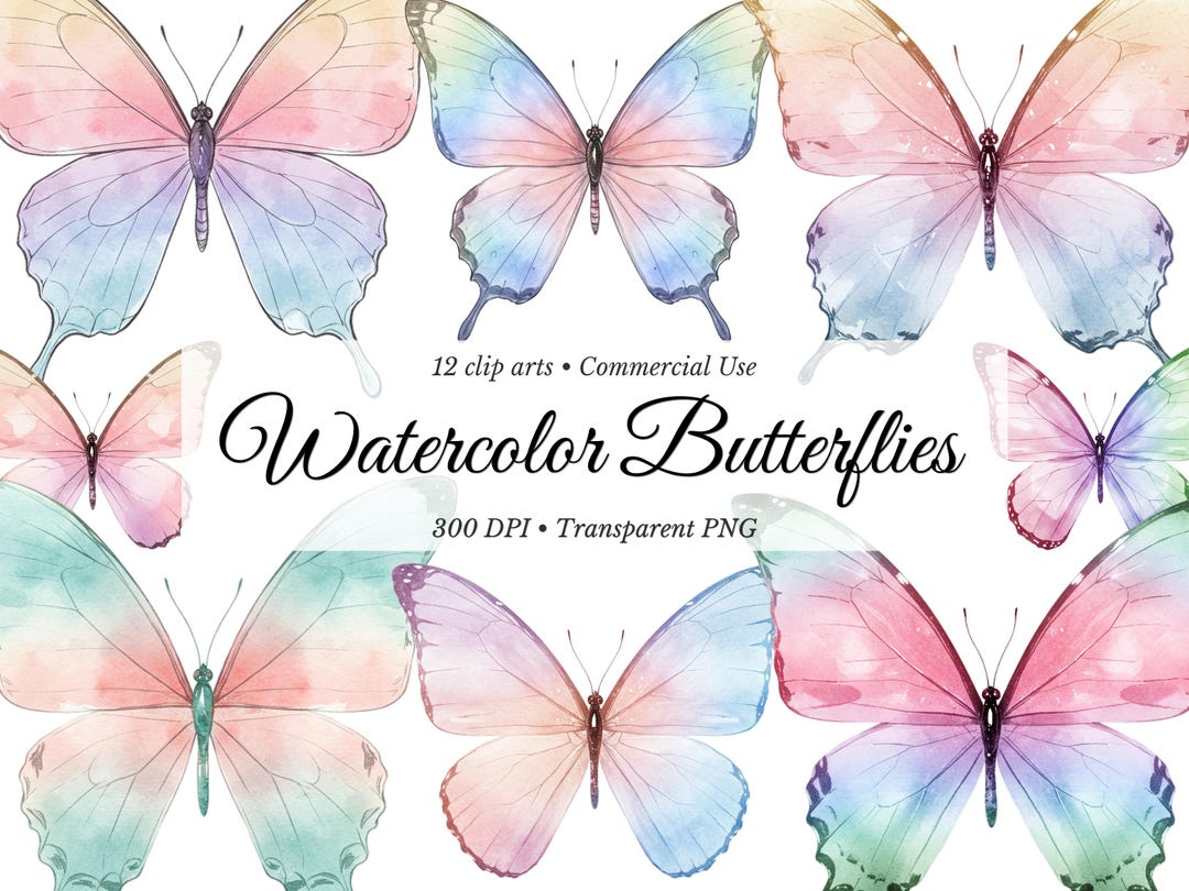Watercolor Butterfly Clipart: Pastel Ombre PNG, Ethereal Nursery Decor ...