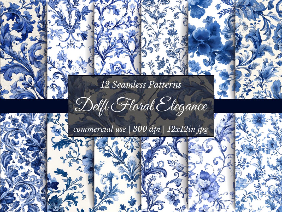 Delft Floral Seamless Patterns: Chinoiserie Digital Paper (12x12 Inches ...