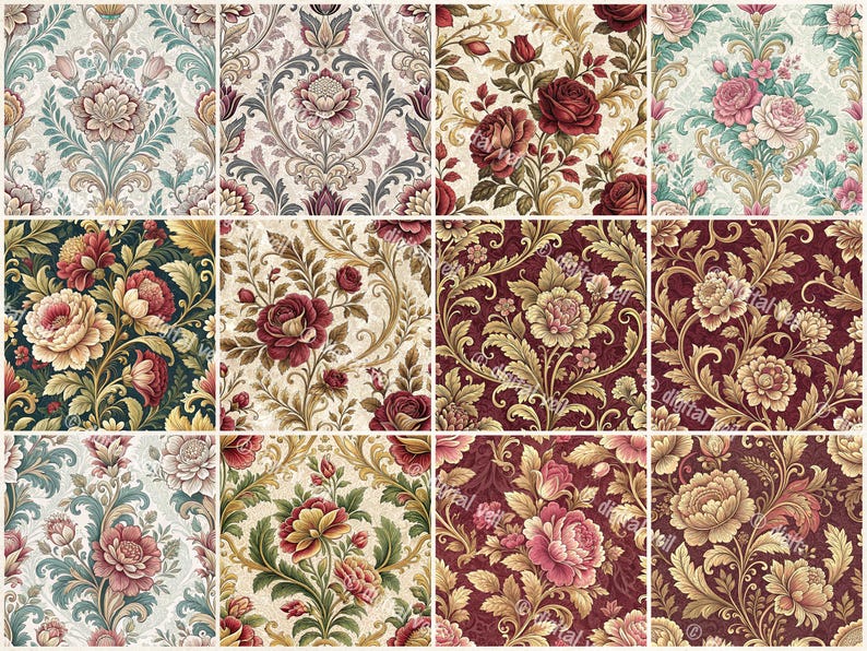 Victorian Floral Damask Digital Paper: Seamless Wedding Scrapbook ...