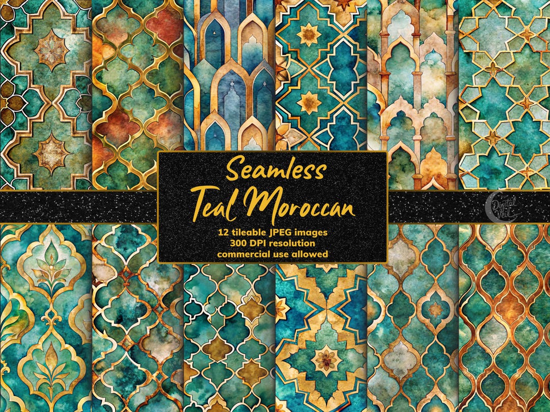 Teal & Gold Moroccan Tile Digital Paper: Seamless Watercolor Patterns ...