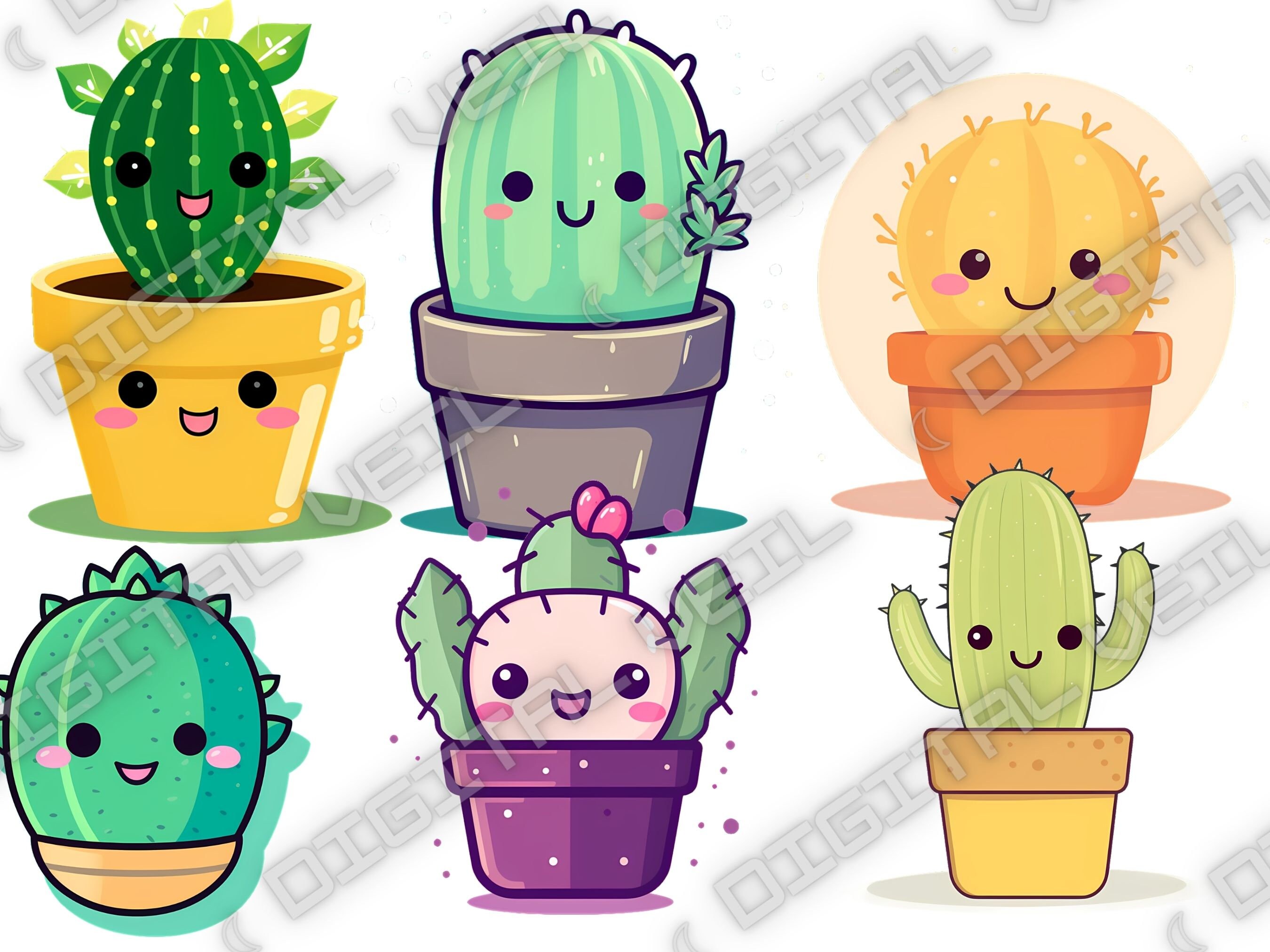 Clipart Set Kawaii Cacti 12 Adorable and Cute Digital Cactus Sticker ...