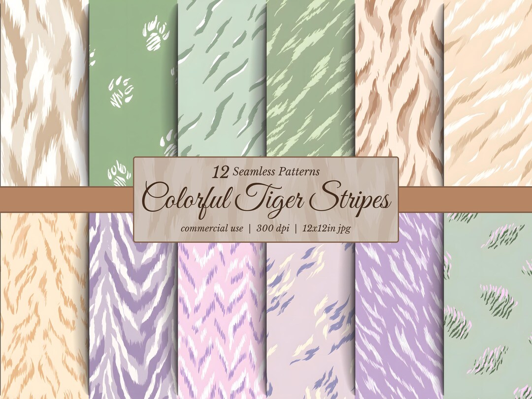 Tiger Stripe Digital Paper Pack, Pastel Animal Print Seamless Patterns ...