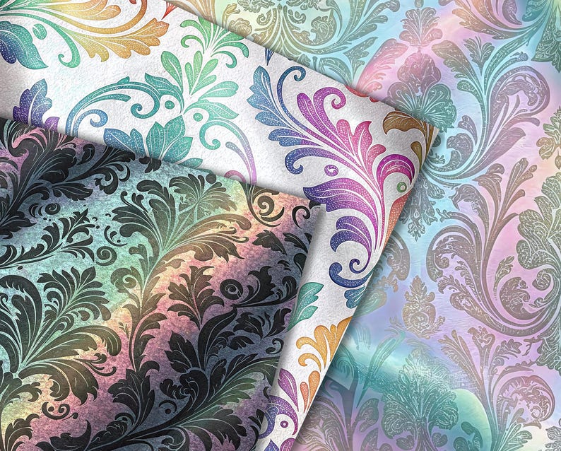 Holographic Rainbow Damask Digital Paper: Seamless Wedding Design ...