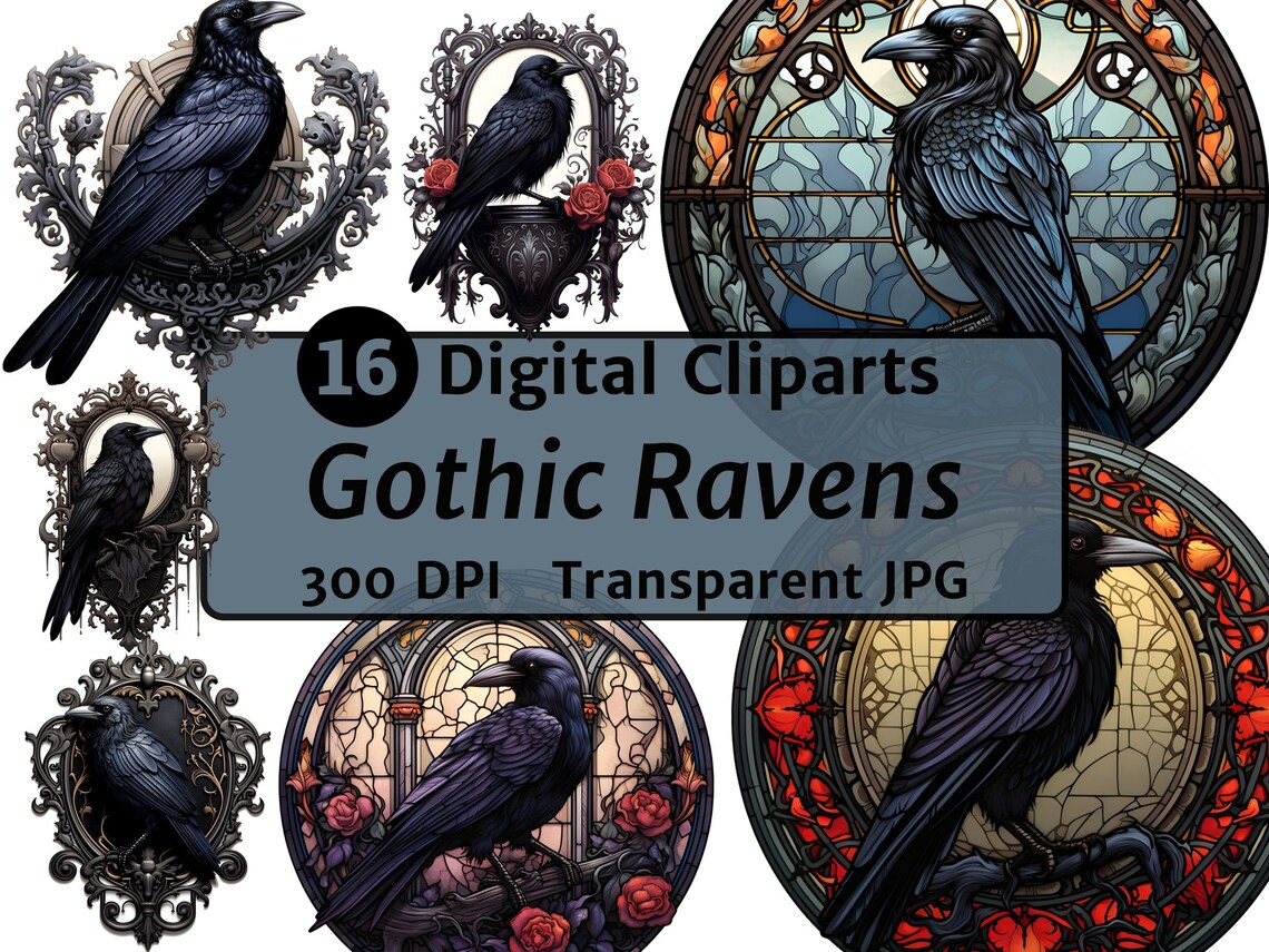 Gothic Stained Glass Ravens Clipart, High-quality Digital & Print 16 ...