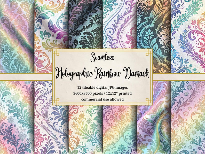 Holographic Rainbow Damask Digital Paper: Seamless Wedding Design ...