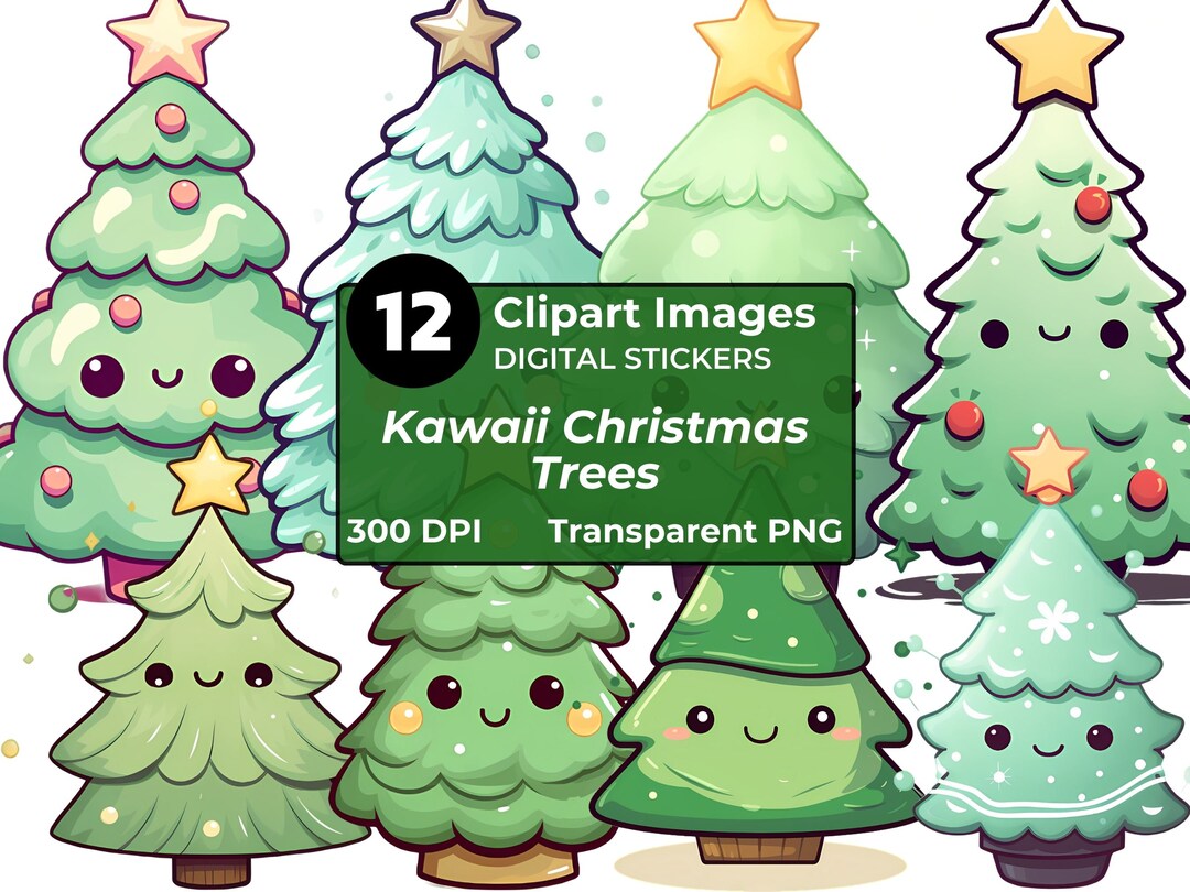 Kawaii Christmas Tree Clipart Set, Festive Holiday Designs (digital ...
