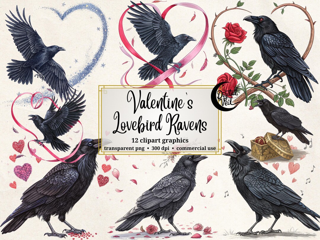Valentine Raven Clipart, Gothic Lovebird Pngs, Dark Romance Graphics ...