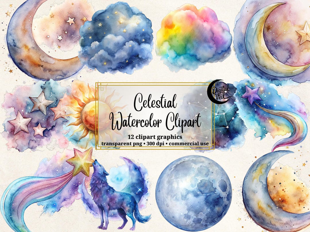 Celestial Watercolor Clipart Moon Stars PNG Digital Download ...
