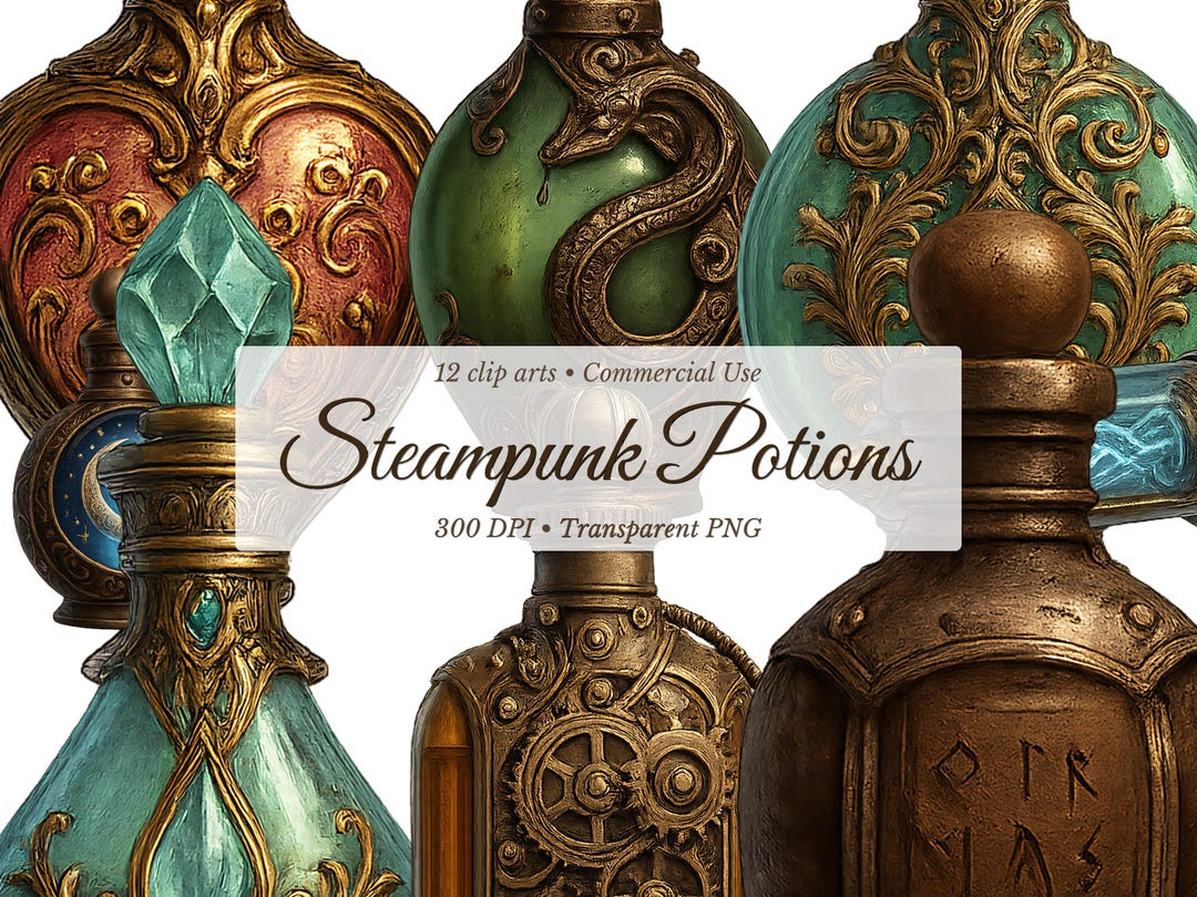 Steampunk Potions Clipart Bundle: Ornate Alchemist Elixirs (PNG Digital ...
