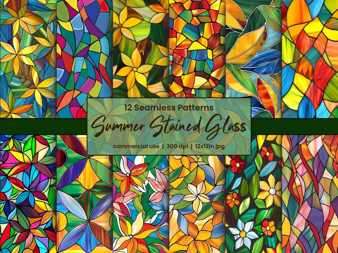 Stained Glass Digital Paper Seamless Patterns, Summer Floral Vibrant ...