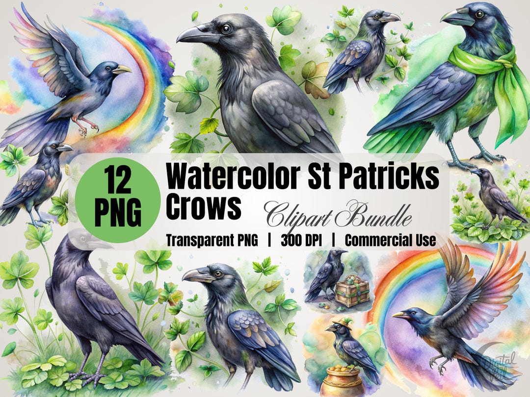 Watercolor Raven Clipart, Celtic Crow Digital Art, Shamrock Clover Bird ...