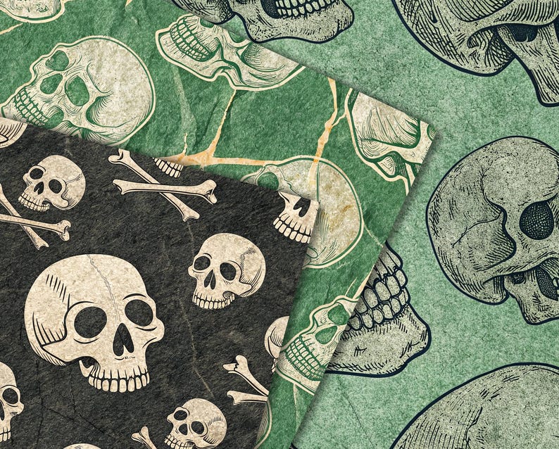Green Skull Seamless Pattern: Vintage Gothic Digital Paper (12x12 Jpgs ...