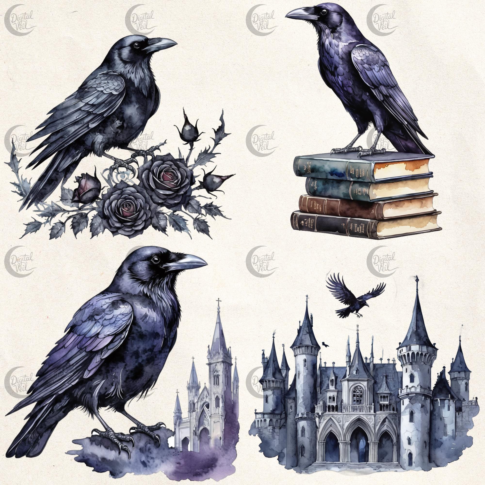 Gothic Raven Clipart, Dark Fantasy Crow PNG, Watercolor Moon Castle ...