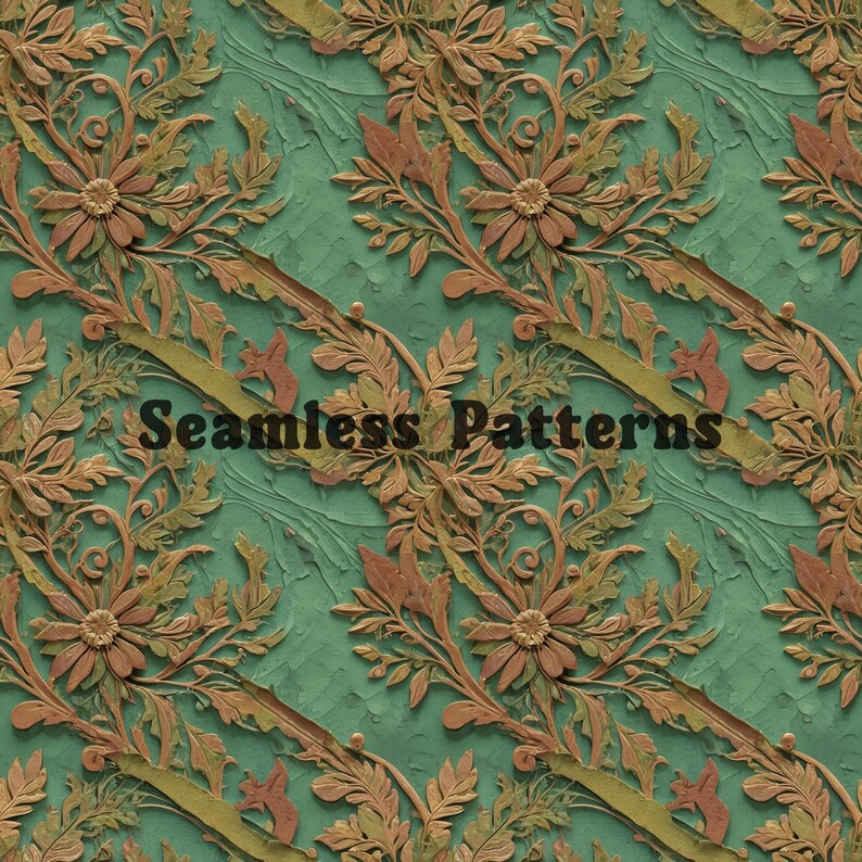 Vintage Green Botanical Seamless Patterns – 12 Golden Leaf Grunge ...
