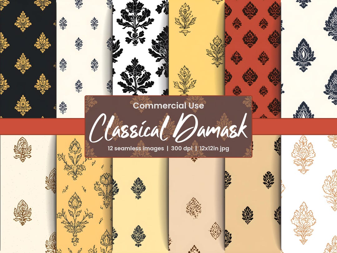 Seamless Damask Digital Paper Pack Commercial Use 12x12 Inch High Resolution 300dpi JPG for ...