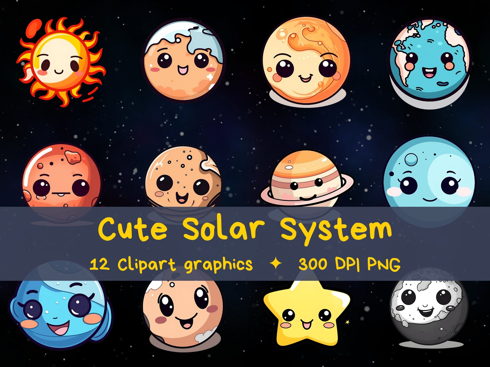 Cute/kawaii Solar System Clipart, Planets Vector Graphics, Space ...
