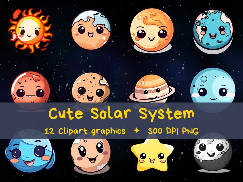 Cute/kawaii Solar System Clipart, Planets Vector Graphics, Space ...