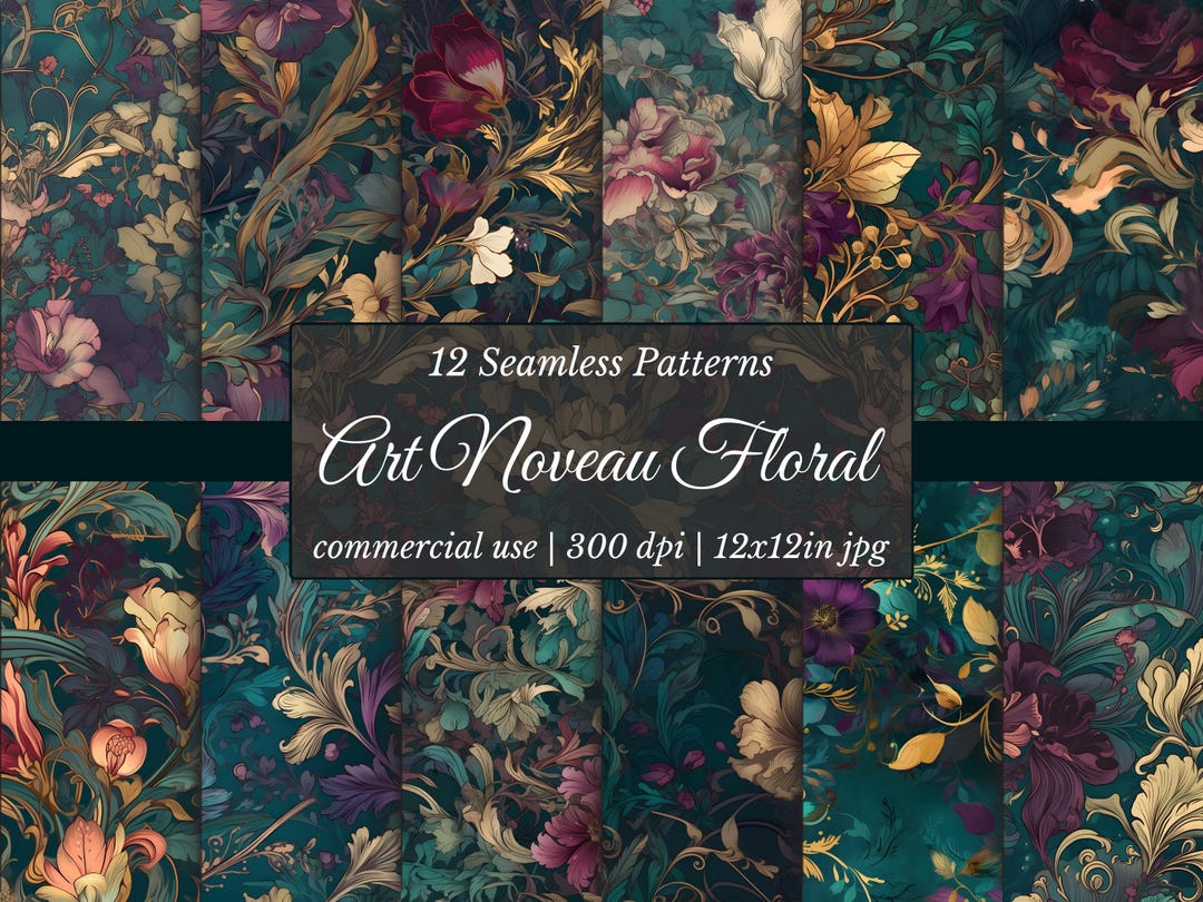 Baroque Floral Seamless Pattern: Teal, Gold & Burgundy (digital Paper ...