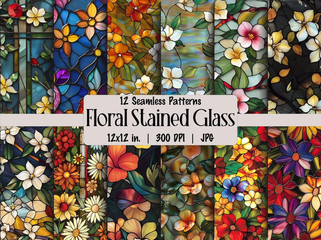 Floral Stained Glass Patterns: 12 Seamless Designs (JPG Digital ...