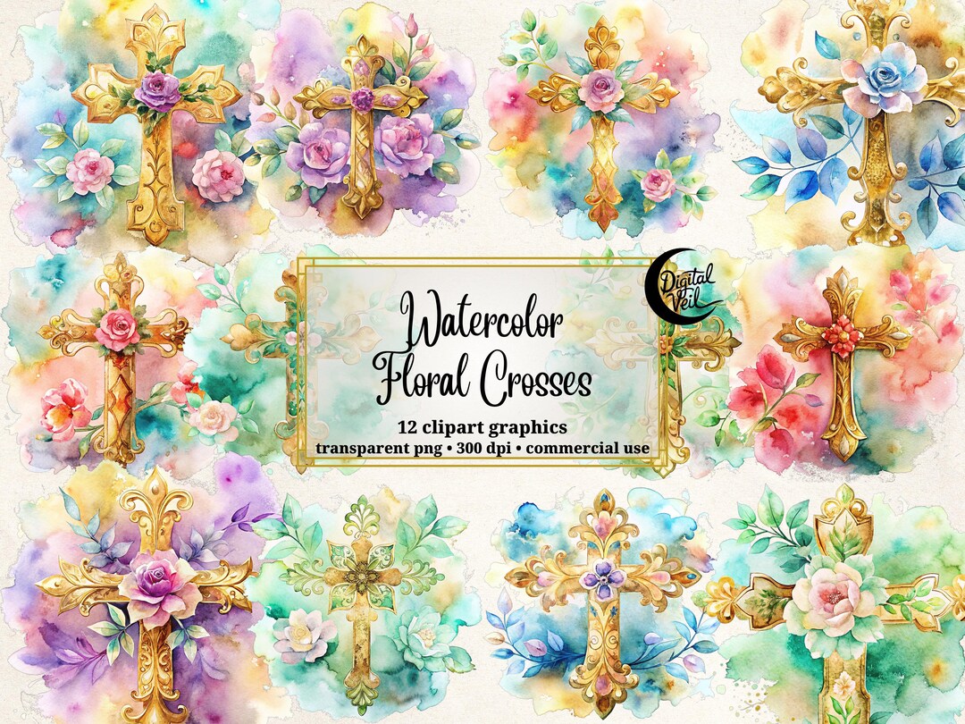 Watercolor Cross Clipart, Floral Christian Pngs, Gold Easter Cross ...
