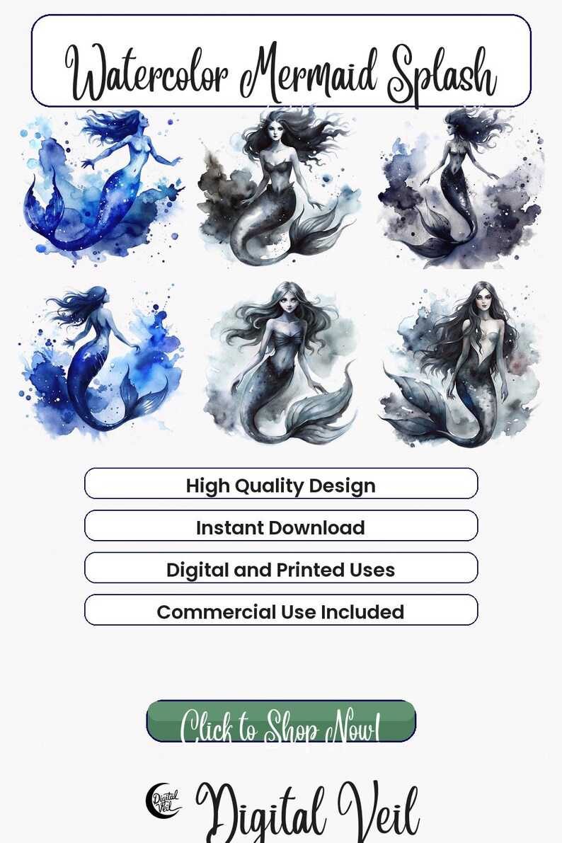 Watercolor Mermaid Clipart: Indigo Siren Graphics (12 Pngs, Digital ...
