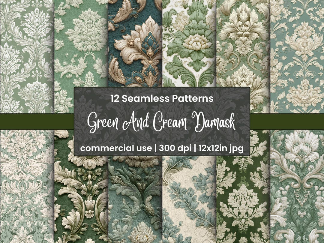 Green Damask Digital Paper: Vintage Floral Patterns (commercial Use) - Etsy