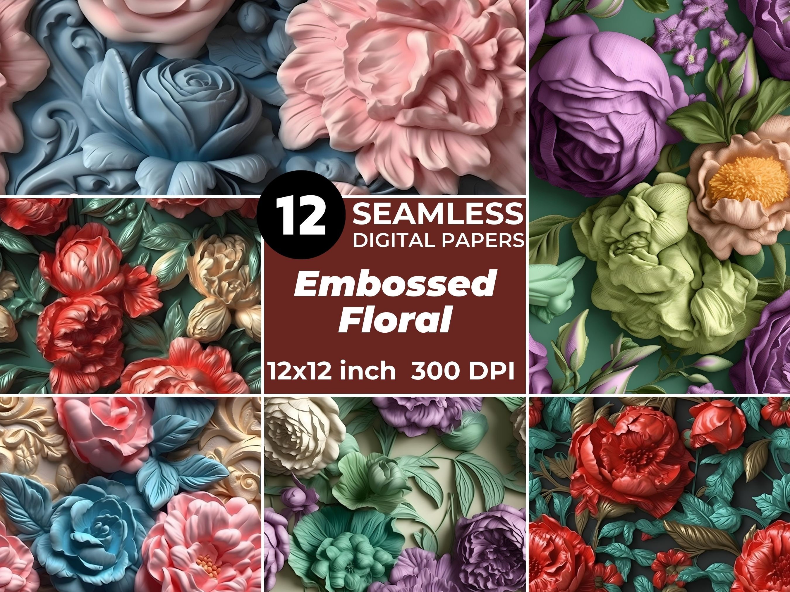 Floral 3D Embossed Seamless Pattern Collection Realistic Flowers ...