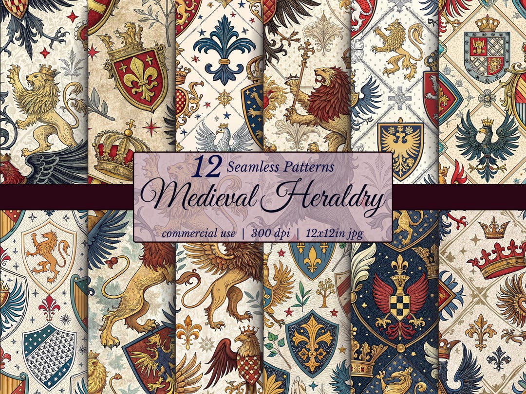 Medieval Digital Paper Seamless Patterns, Vintage Heraldry Backgrounds ...