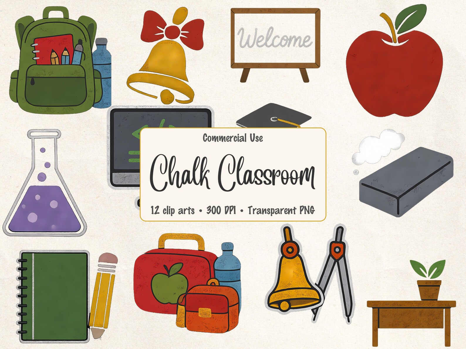 Chalk Classroom Clipart PNG Set, Textured School Supplies for Teacher ...