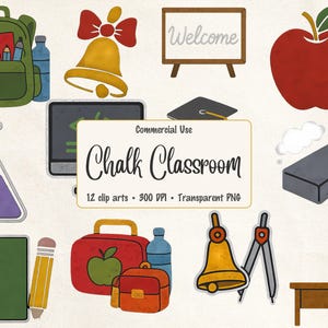 Chalk Classroom Clipart PNG Set, Textured School Supplies for Teacher ...
