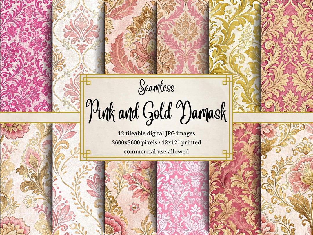 Pink and Gold Damask Digital Paper Wedding Background Rose Gold ...