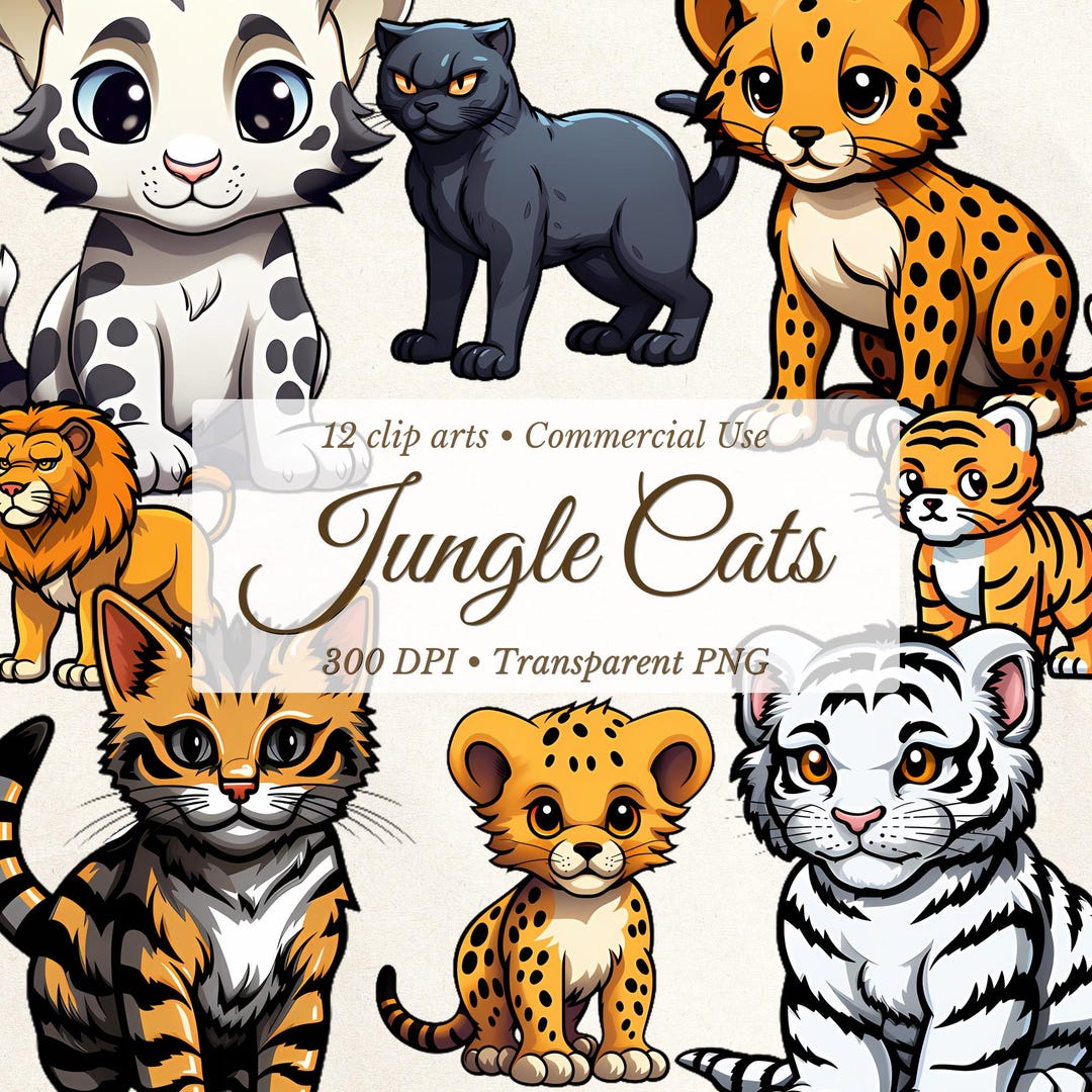 Jungle Cats Clipart PNG Set, Cute Wild Animal Graphics, Safari Birthday ...