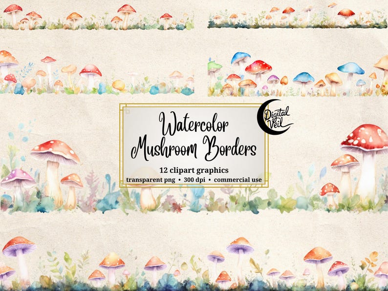 Watercolor Mushroom Border Clipart PNG Woodland Frame Fairy Garden ...