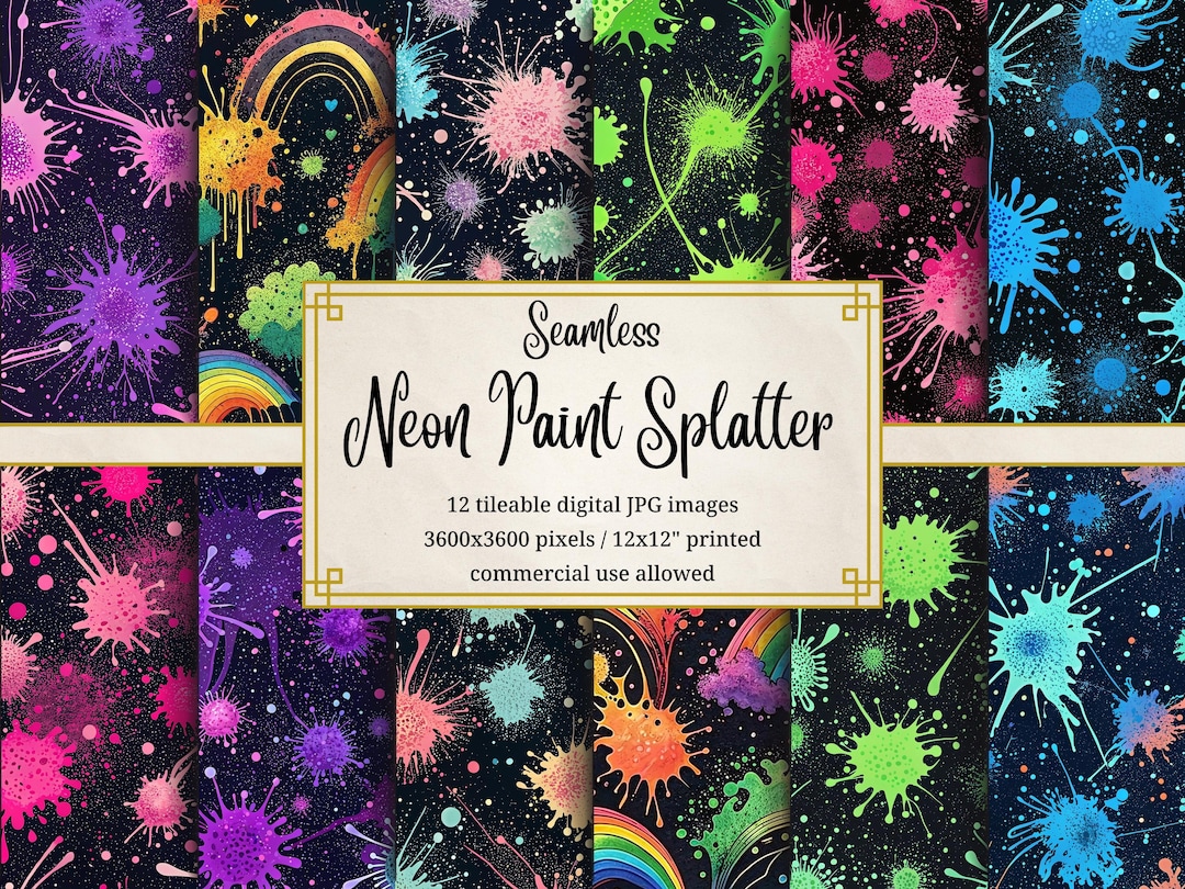 Neon Paint Splatter Digital Paper Black Background Rainbow Paint Splash ...