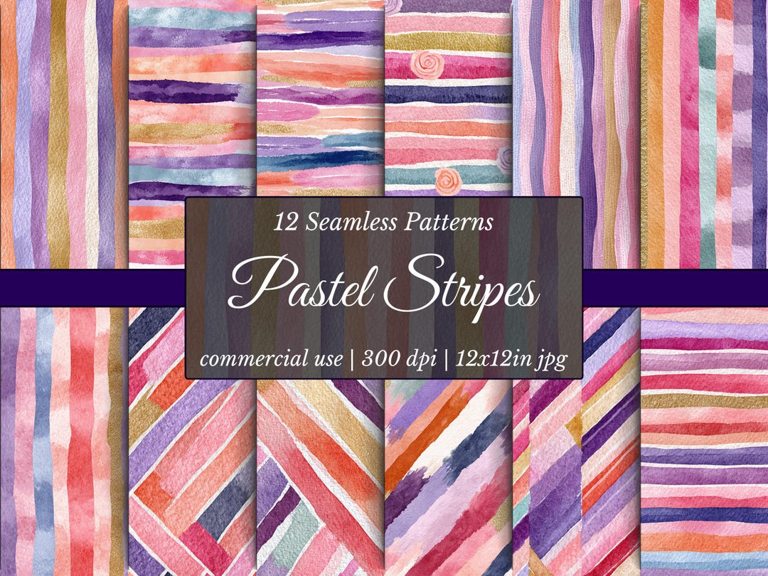 Seamless Watercolor Stripes Digital Paper Pack | Pastel Boho Glitter ...