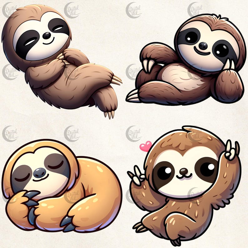 Cute Sloth Clipart Set, 12 Pngs, Cartoon Sloth Graphics, Digital ...