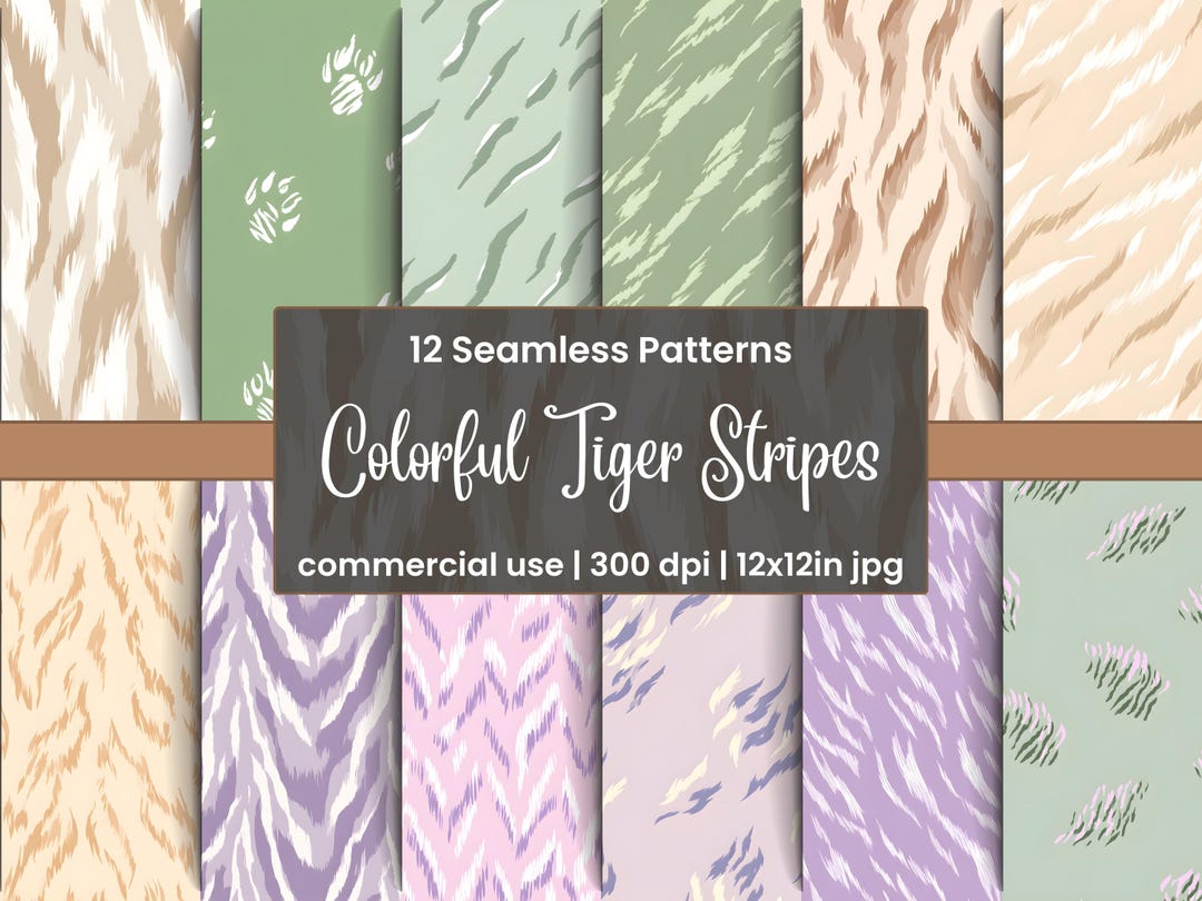 Pastel Tiger Stripe Digital Paper: Boho Animal Print Patterns (12x12 ...