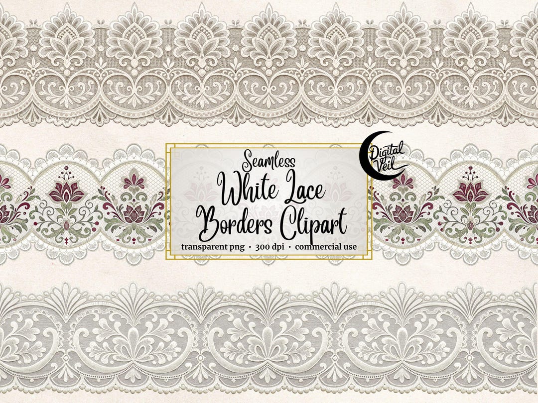Seamless White Lace Border Clipart Bundle – Vintage Floral Embroidery ...