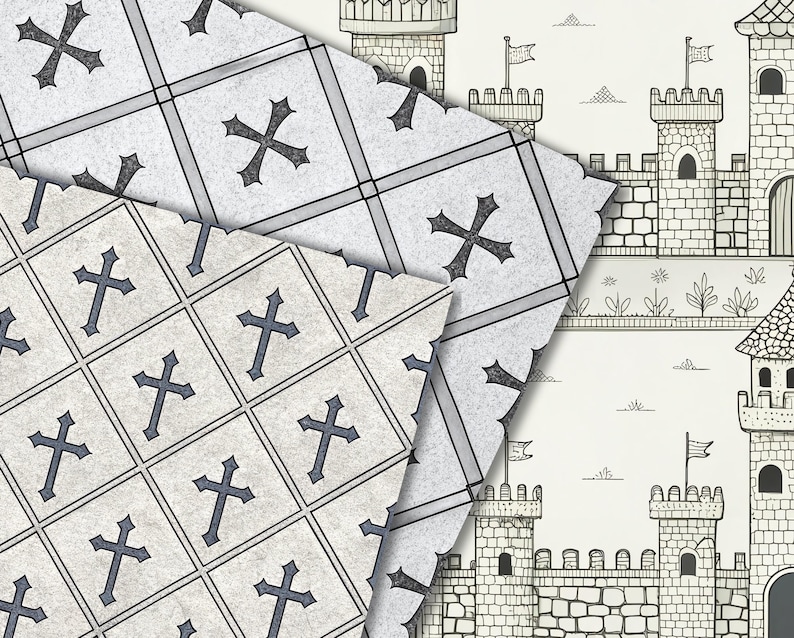 Medieval Seamless Pattern Collection: Castle, Crown, Sword (digital ...