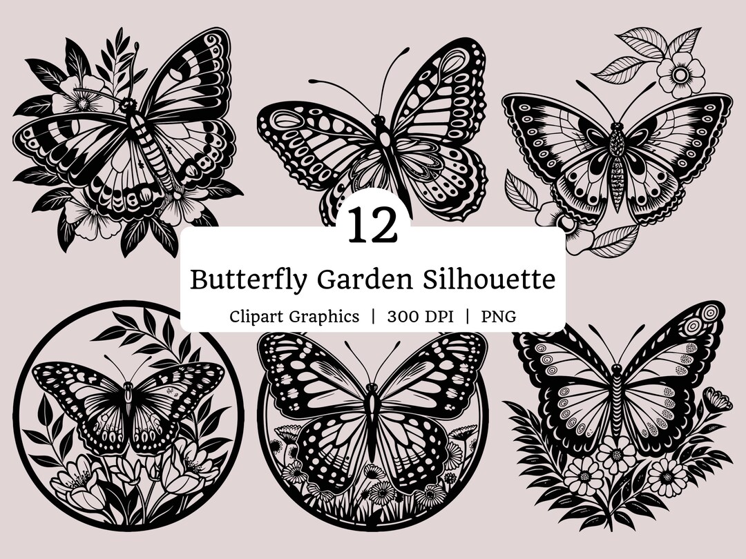 Butterfly Garden Silhouette Clipart, Black and White Butterfly Line Art ...
