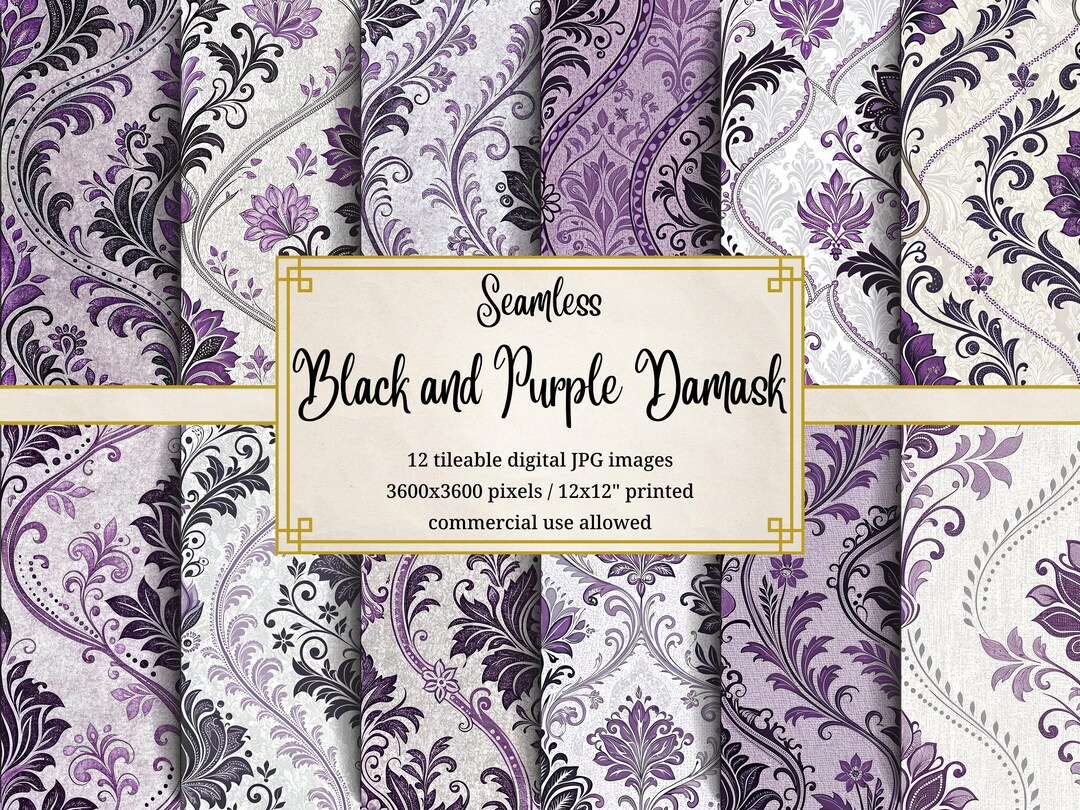 Purple Damask Digital Paper Black Floral Victorian Wallpaper Background ...