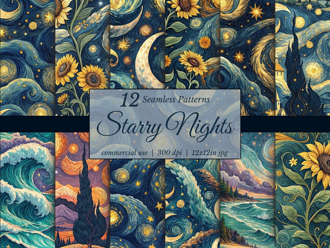 Starry Night Seamless Patterns: Van Gogh Sunflower Digital Paper (JPG ...