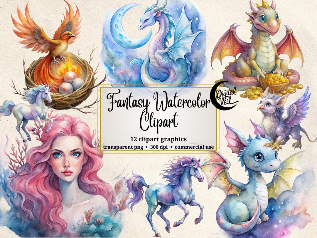 Fantasy Watercolor Clipart Set | 12 Digital PNG Images, 300 DPI ...