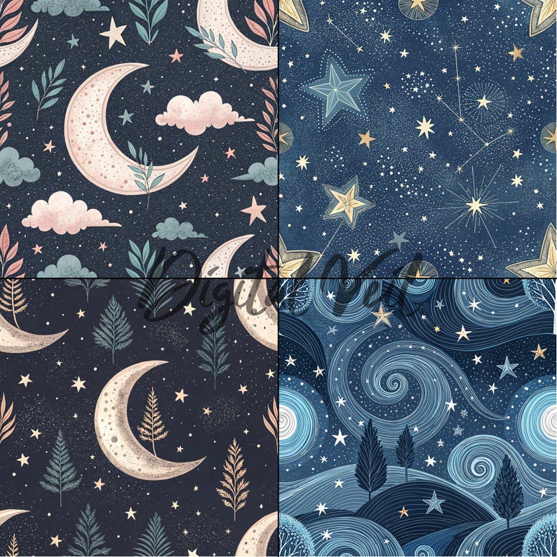 Starry Night Digital Paper Pack: 12 Celestial Seamless Patterns (300 ...