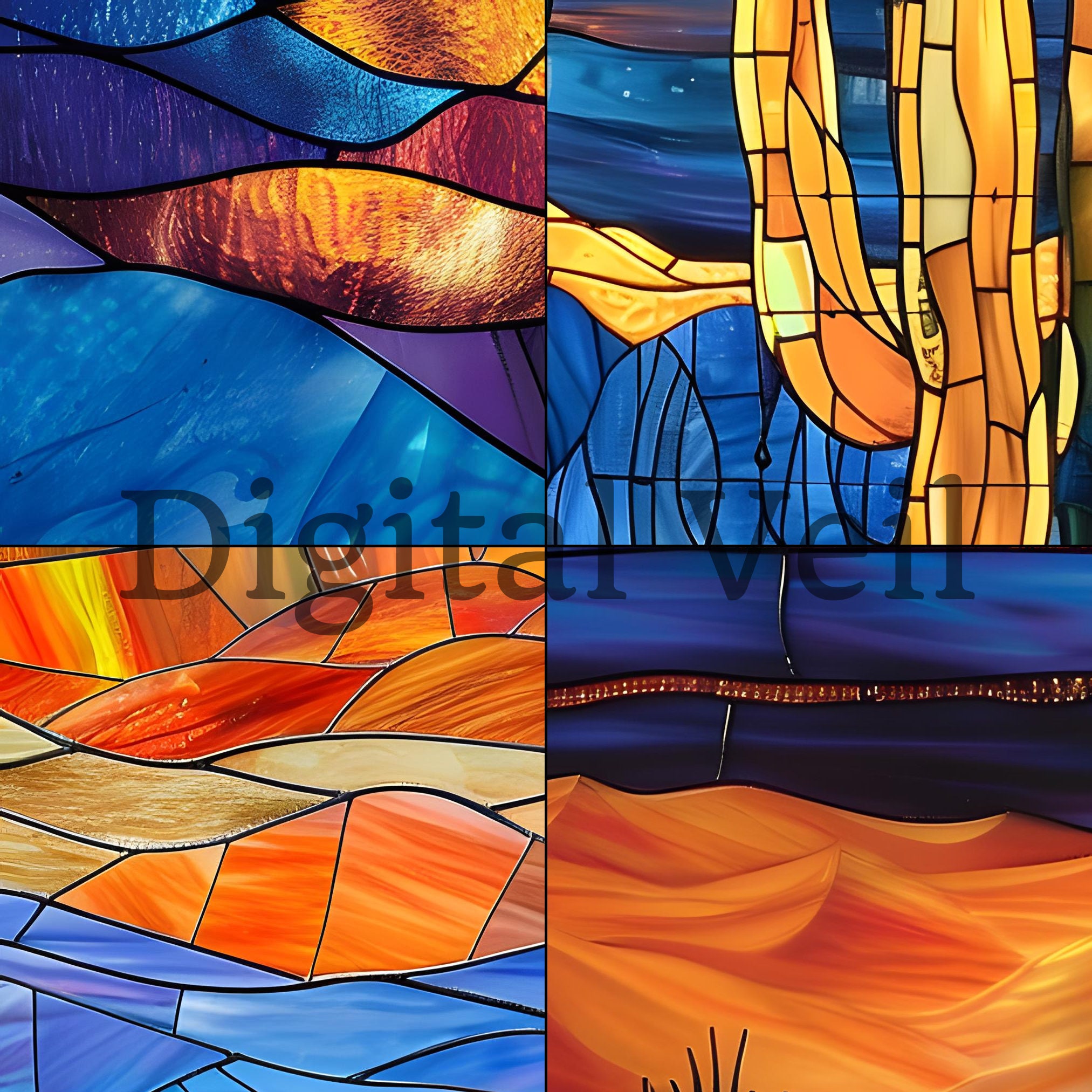 12 Stained Glass Style Desert Landscape Patterns, Seamless Digital Art ...