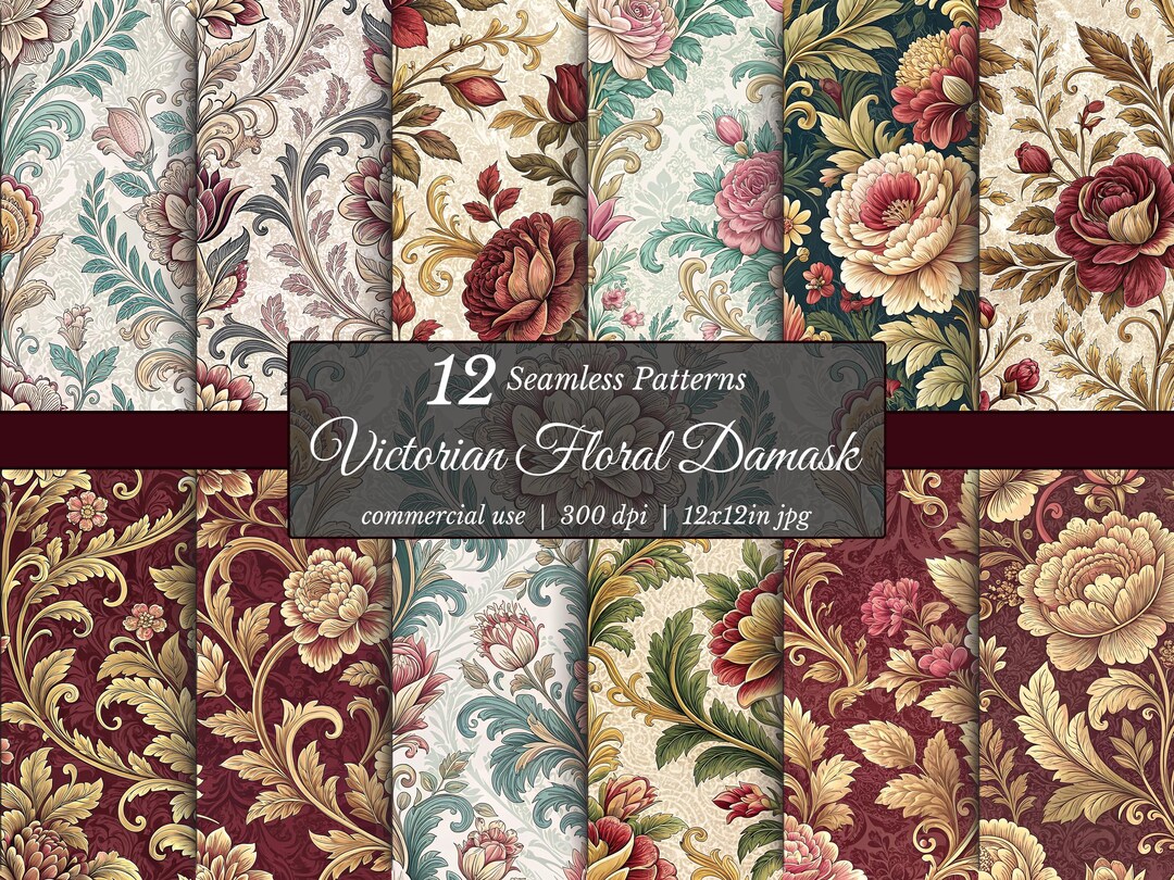Victorian Floral Damask Digital Paper: Seamless Wedding Scrapbook ...