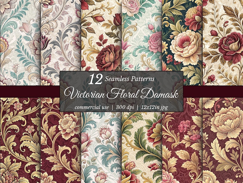 Victorian Floral Damask Digital Paper: Seamless Wedding Scrapbook ...