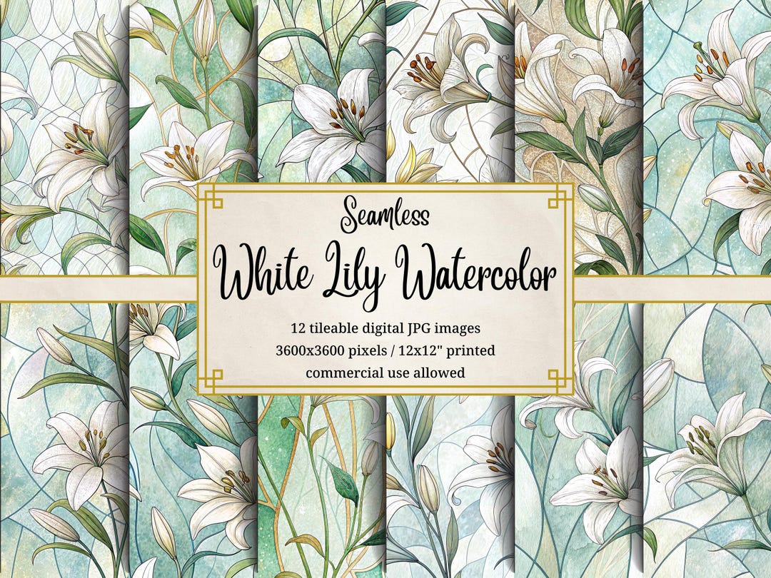 White Lily Pattern Digital Paper Watercolor Floral Background Seamless ...